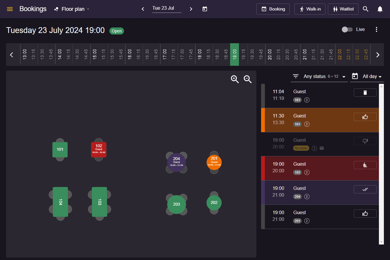Table booking status colors and their meanings