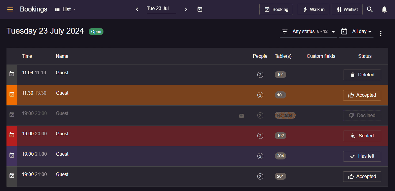 Table booking status colors and their meanings